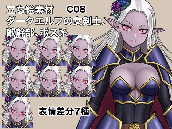 立ち絵素材、ダークエルフの女剣士、敵幹部、ボス系、c08 Indie8bit【インディー8ビット】